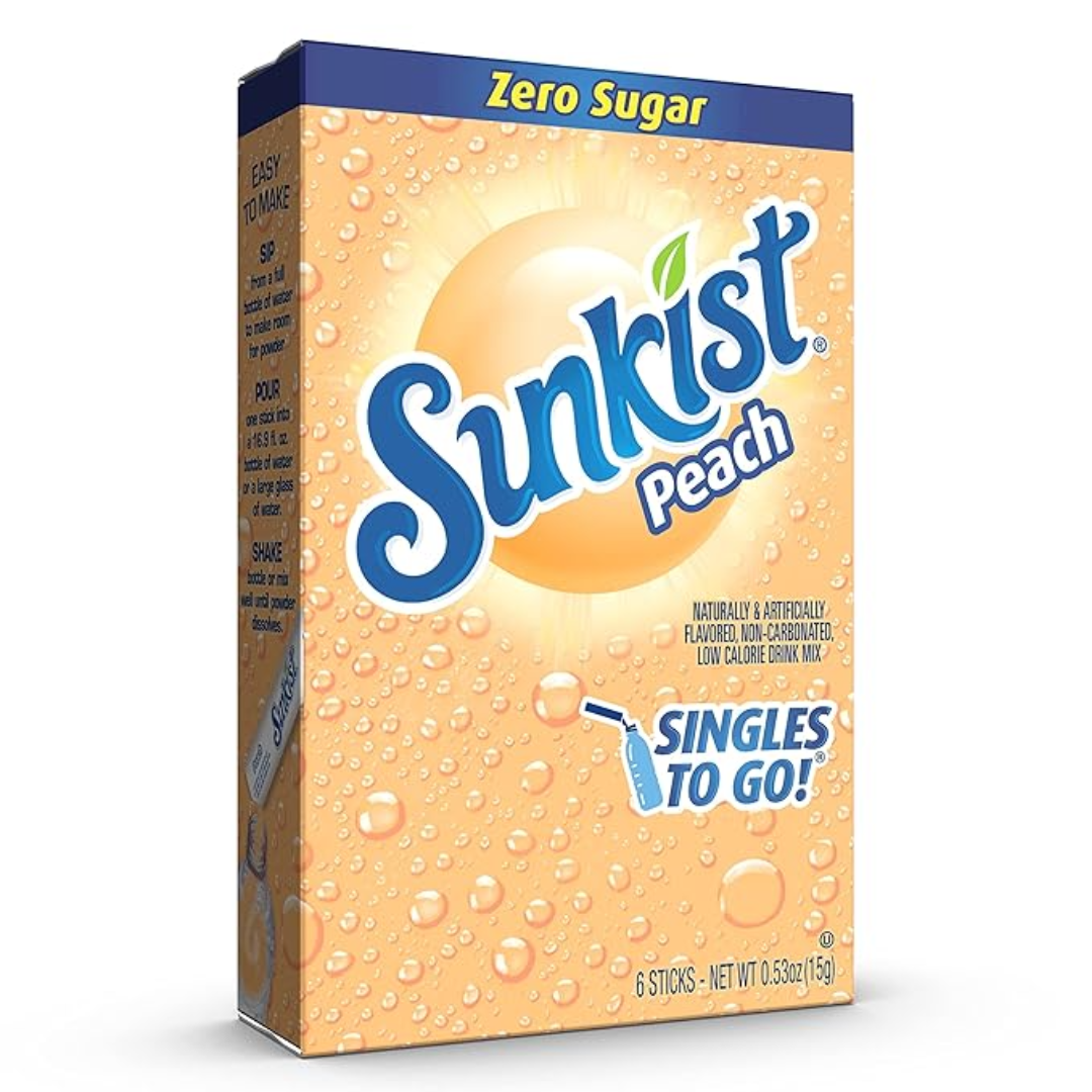 Sunkist Singles To Go Peach Zero Sugar 12x6 - Pacific Candy Wholesale
