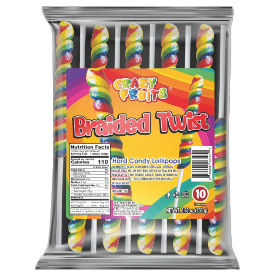 Crazy Fruits Braided Twist Lollipops Ten Pack 20x25g - Pacific Candy East