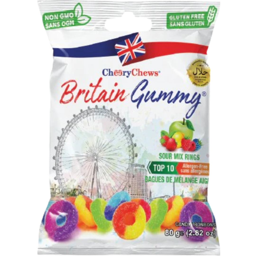 Britain Gummy Sour Mix Rings Peg Bag 12x80g - Pacific Candy East